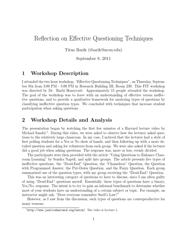 Reflection On Effective Questioning Techniques | PDF | Lecture ...