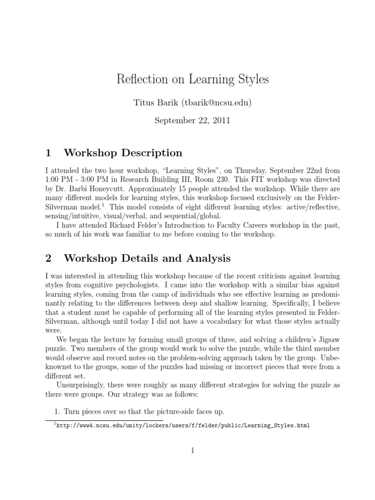 Reflection On Learning Styles | PDF | Learning Styles | Educational ...