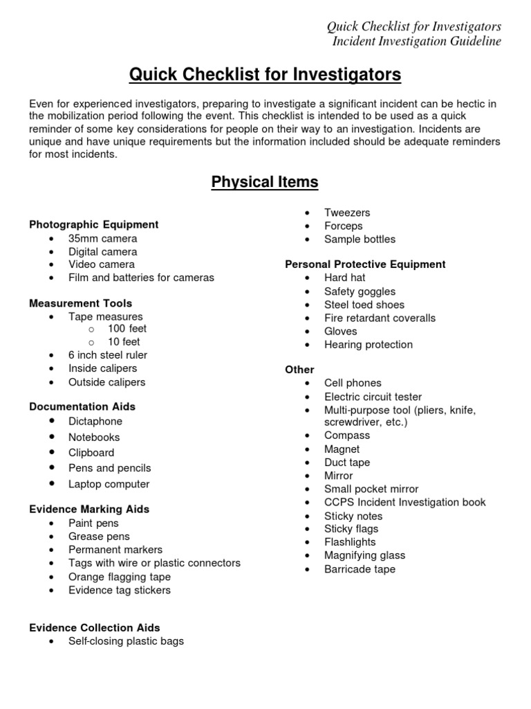 Quick Checklist For Investigators: Physical Items | PDF | Occupational ...