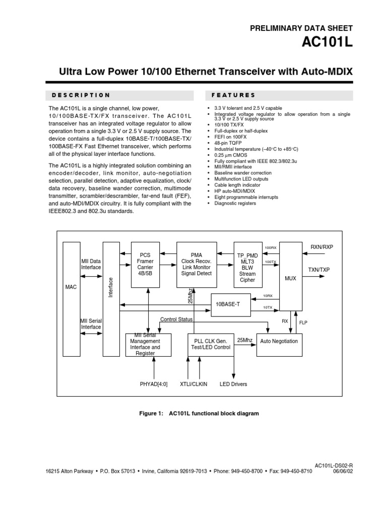 Ultra Low Power 10/100 Ethernet Transceiver With Auto-MDIX: Preliminary ...