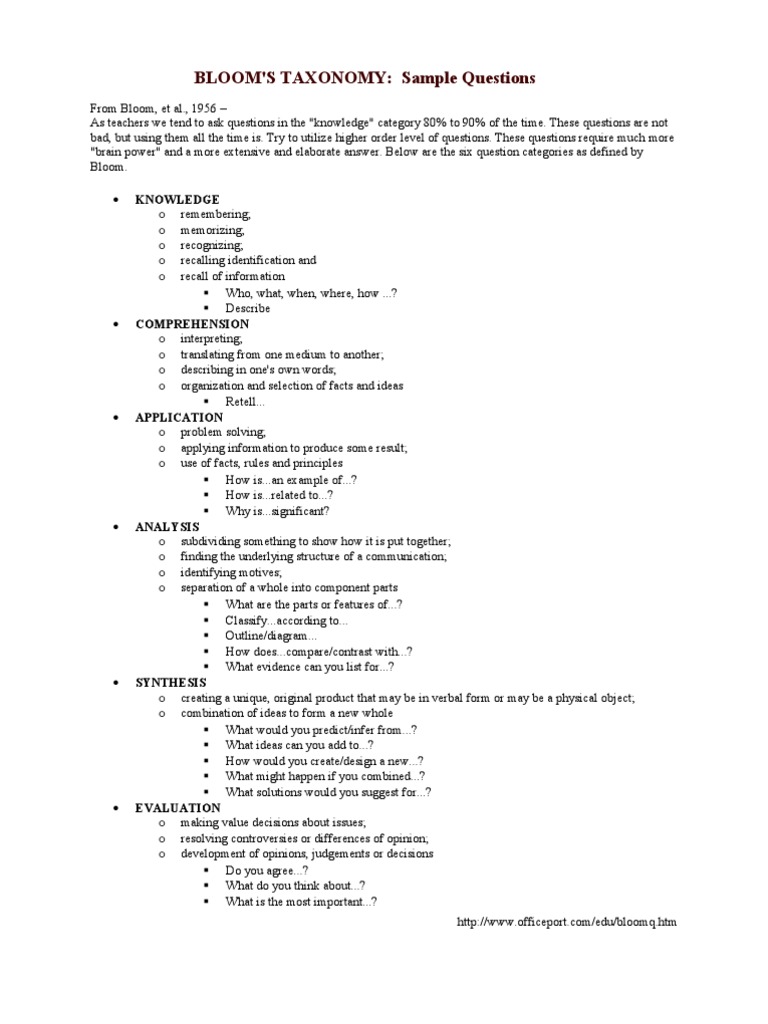 BLOOM'S TAXONOMY: Sample Questions: Knowledge | PDF | Self-Improvement ...