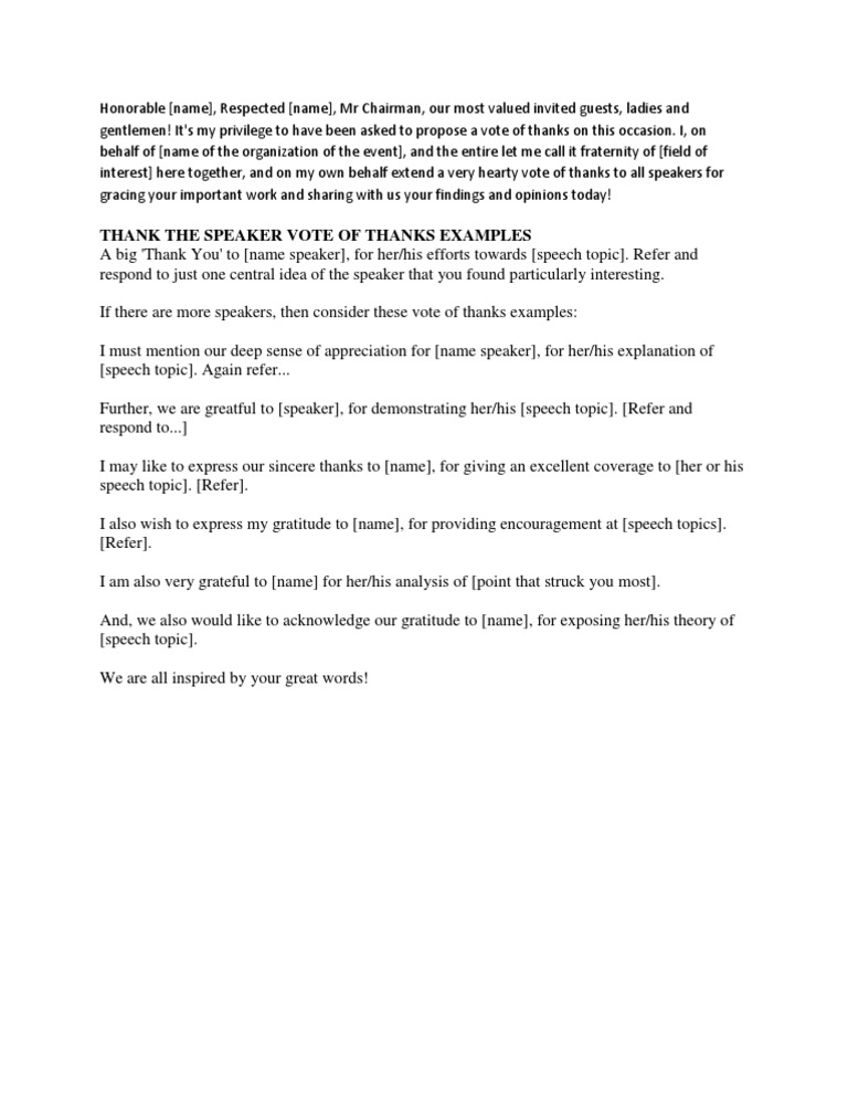 Thank The Speaker Vote Of Thanks Examples