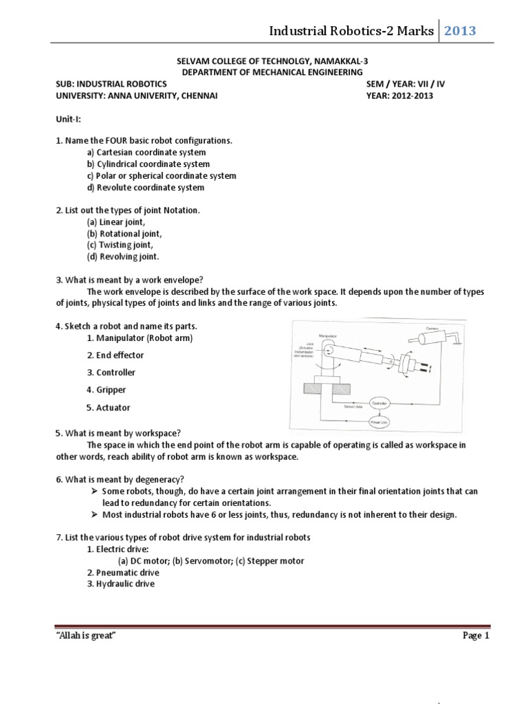 Robotics, Industrial Robotics, Question Bank | Download Free PDF | Actuator | Machines
