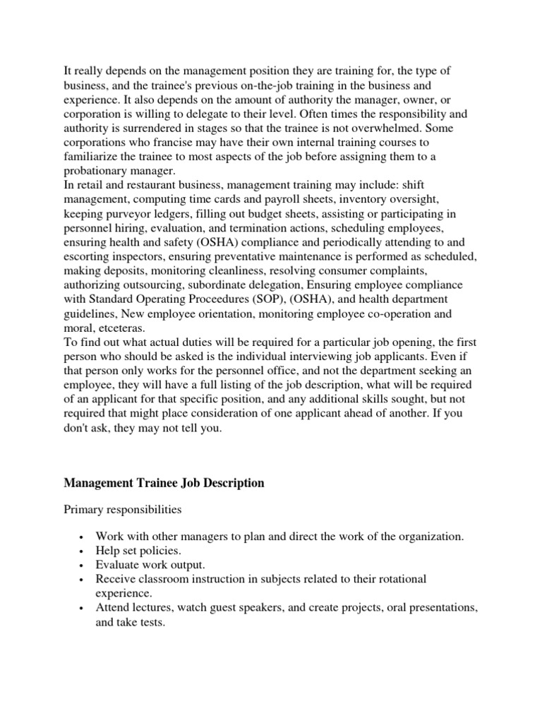 Management Trainee Job Description | PDF | Employment | Sales Management Trainee Job Description | PDF | Employment | Sales