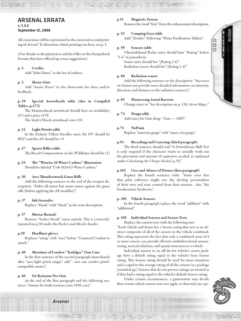 Shadowrun 4E - Core - Arsenal Errata | PDF | Unmanned Aerial Vehicle ...