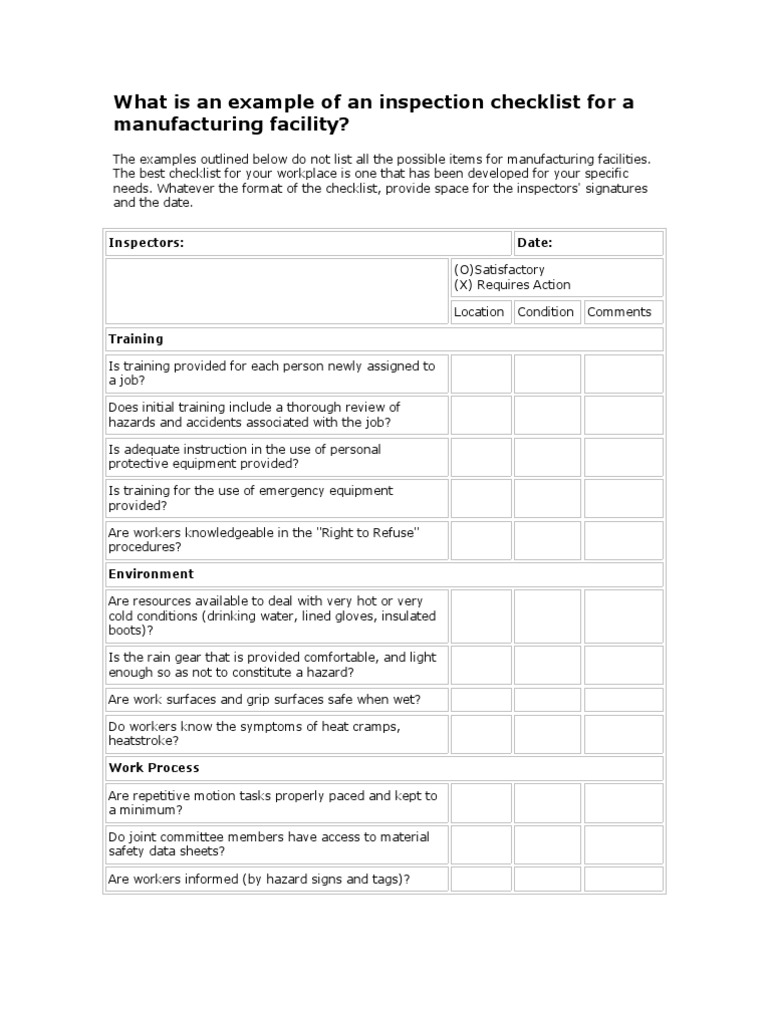 Manufacturing Safety Inspection Checklist | PDF | Industries | Transport