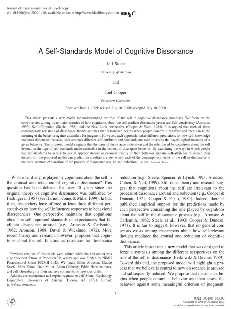 Stone - A Self Standards Model of Cognitive Dissonance | PDF | Norm ...
