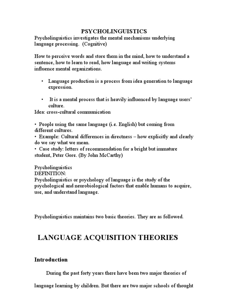 Psycholinguistics and Its Theories | PDF | Language Acquisition ...