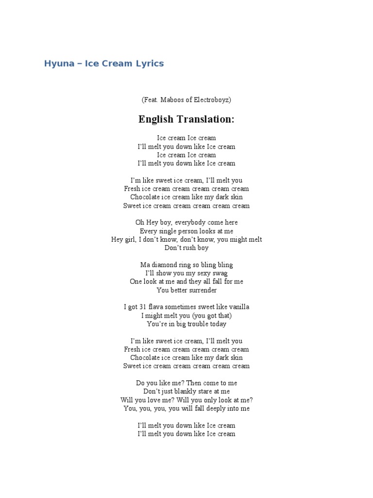 English Translation:: Hyuna - Ice Cream Lyrics | PDF | Desserts ...