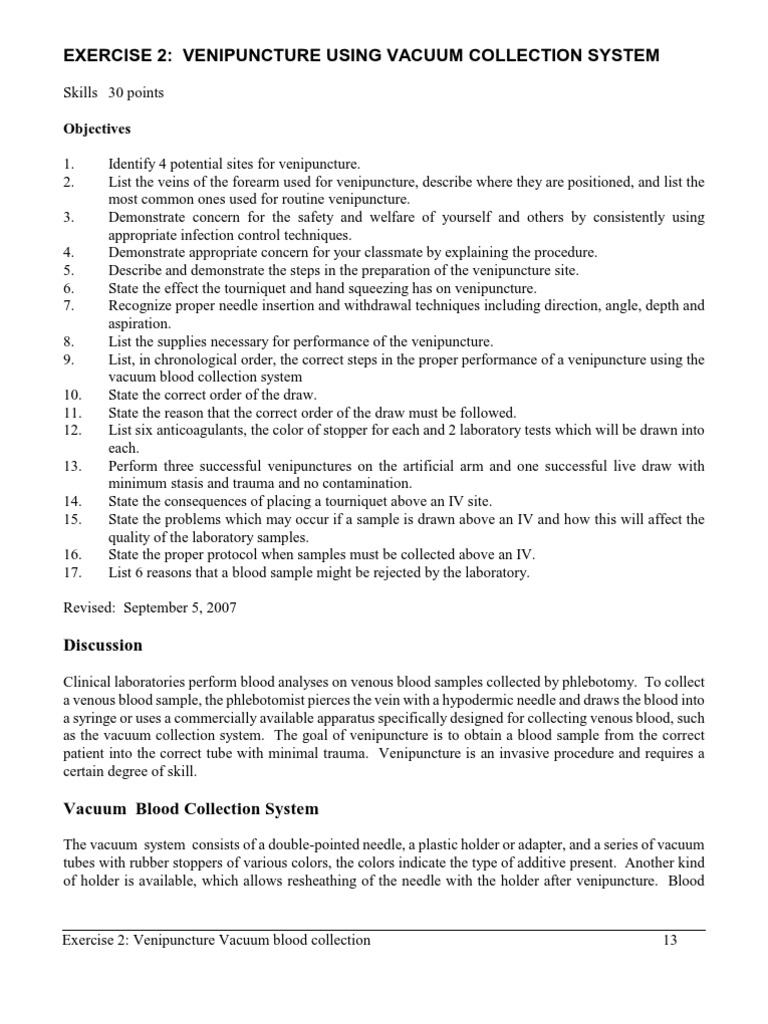 Exercise 2: Venipuncture Using Vacuum Collection System: Objectives ...