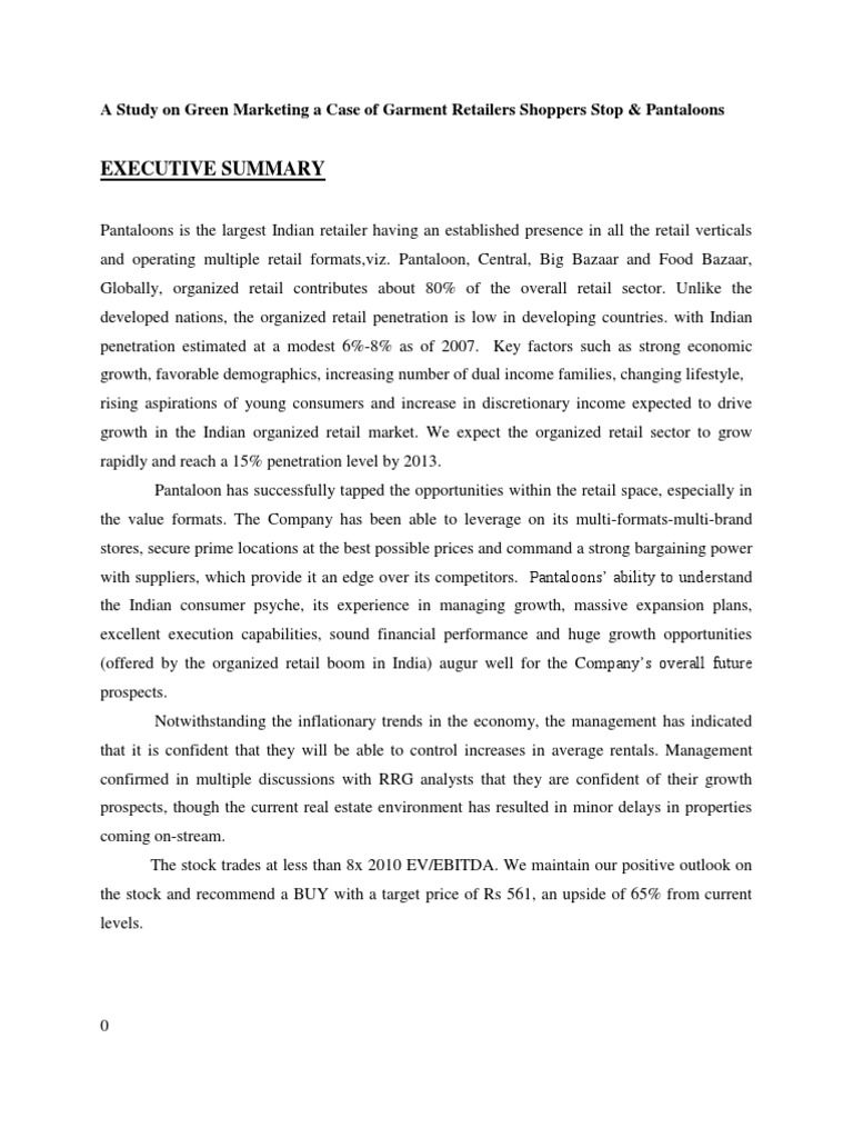 Executive Summary: A Study On Green Marketing A Case of Garment Retailers Shoppers Stop ...