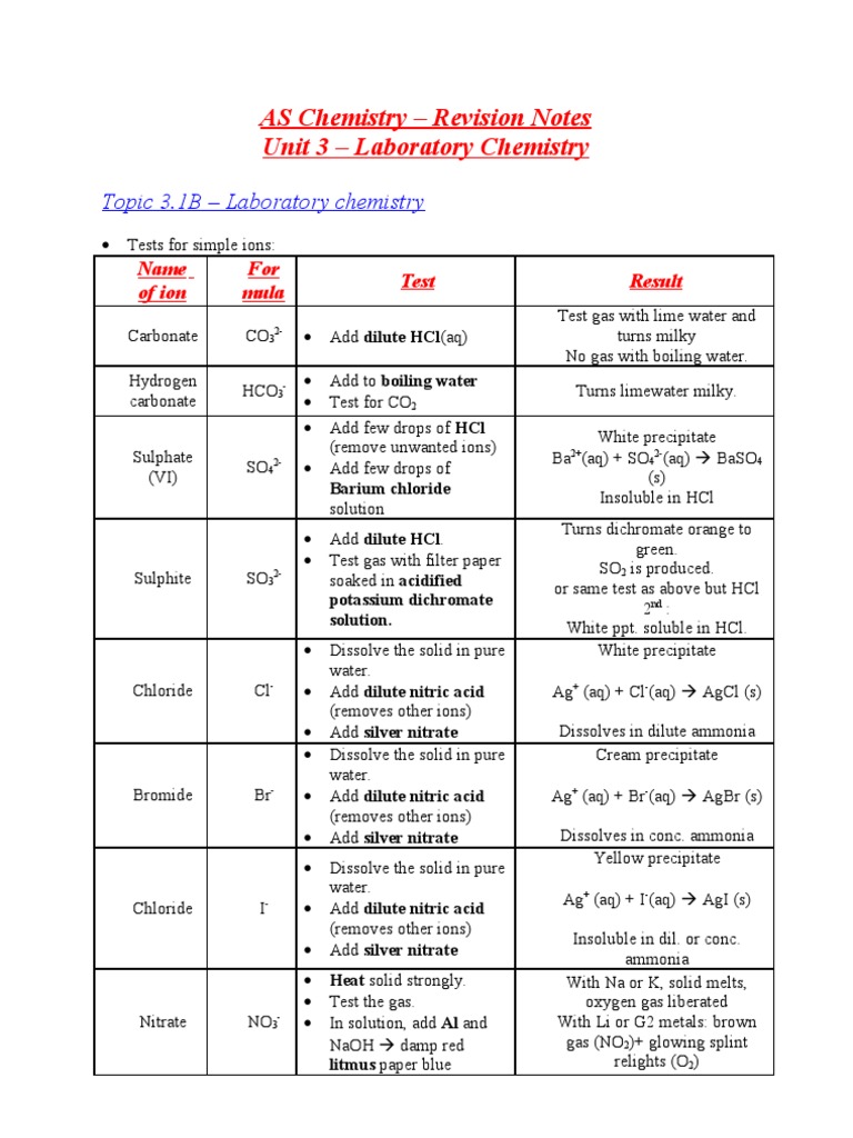 AS Chemistry Lab Tests and Techniques | PDF