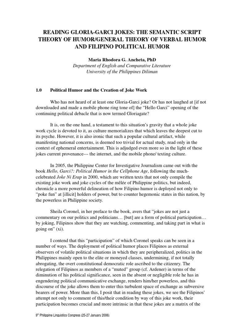 Reading Gloria Garci Jokes: The Semantic Script Theory of Humor/General ...