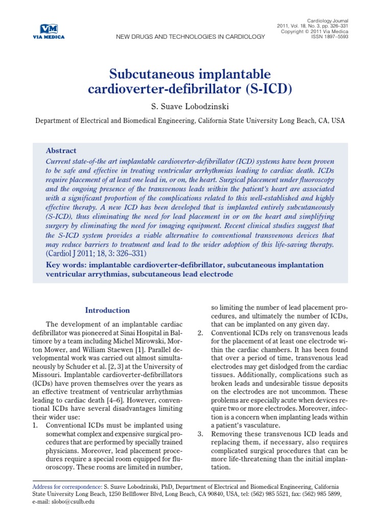 Subcutaneous Implantable Cardioverter-Defibrillator (S-ICD) | PDF ...