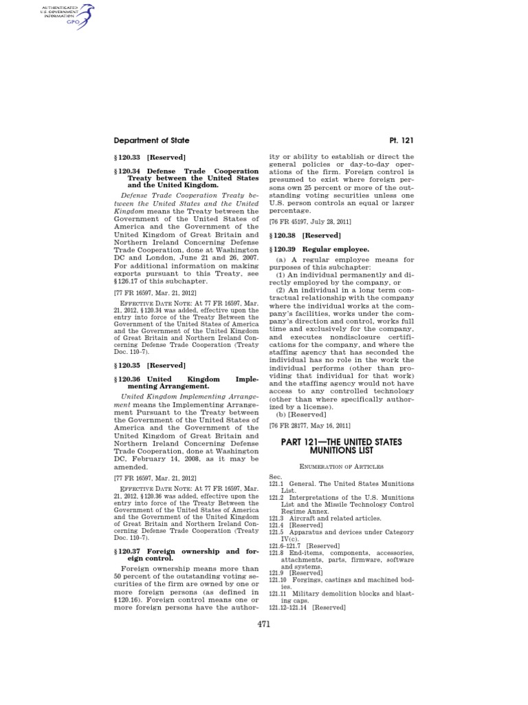 Department of State Pt. 121 | PDF | Firearms | Gun Barrel