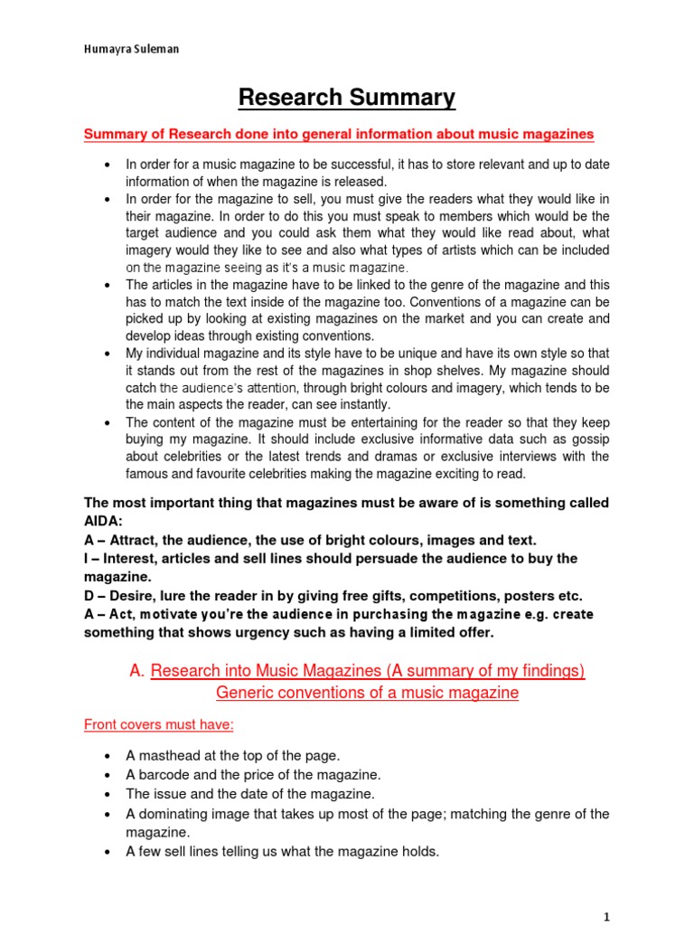 Research Summary: Summary of Research Done Into General Information ...