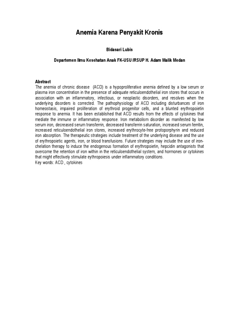 Anemia Karena Penyakit Kronis: Bidasari Lubis Departemen Ilmu Kesehatan ...