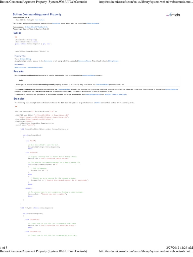 Mandargument Property (System - web.UI - Webcontrols) | PDF | Microsoft Windows | Software