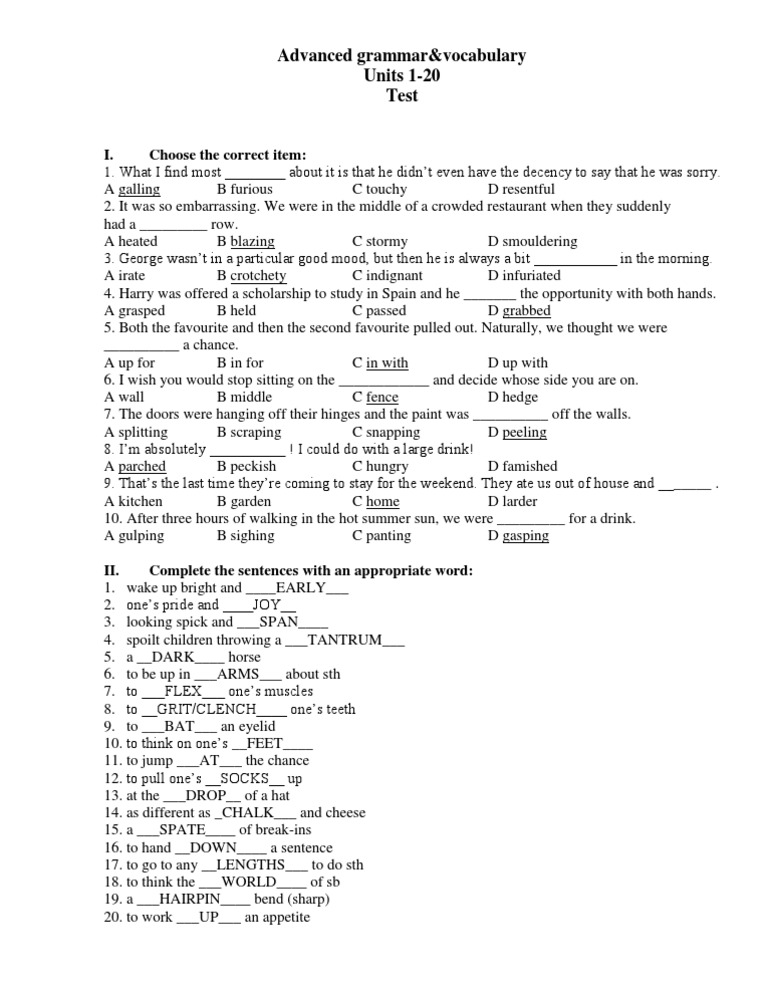 Advanced Grammar Test Units 1-20 | PDF