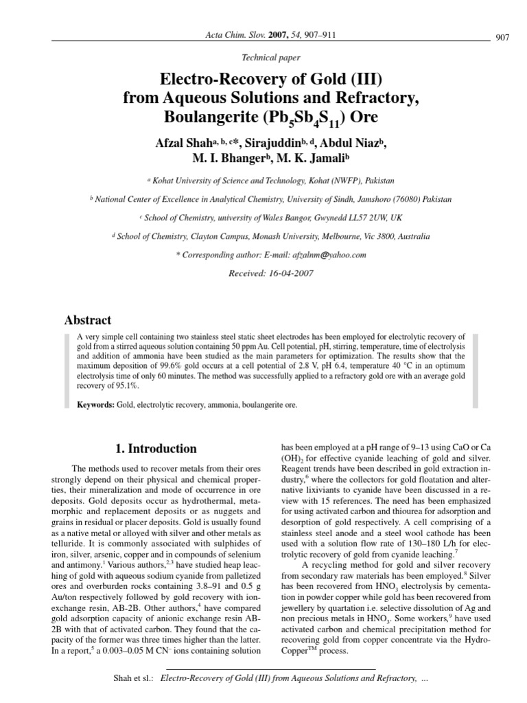 Electrolytic Recovery of Gold from Aqueous Solutions and Refractory Ore ...