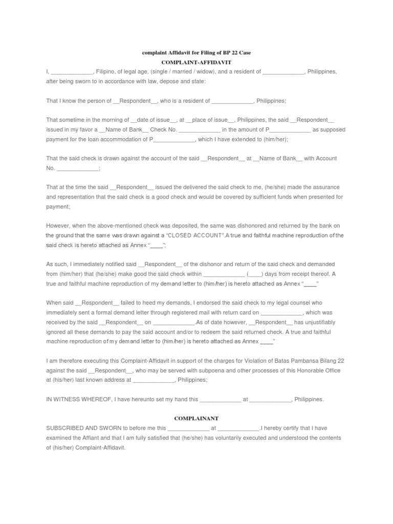 Affidavit of Complaint Sample | PDF | Cheque | Affidavit