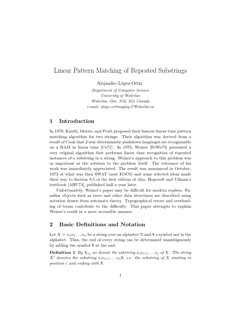Linear Pattern Matching of Repeated Substrings: Alejandro L Opez-Ortiz | Download Free PDF ...