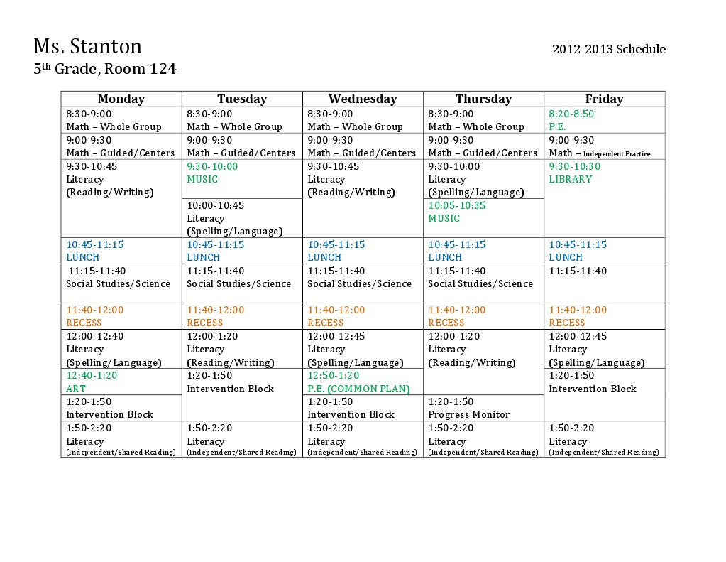 5th Grade Schedule for Ms. Stanton | PDF | Art