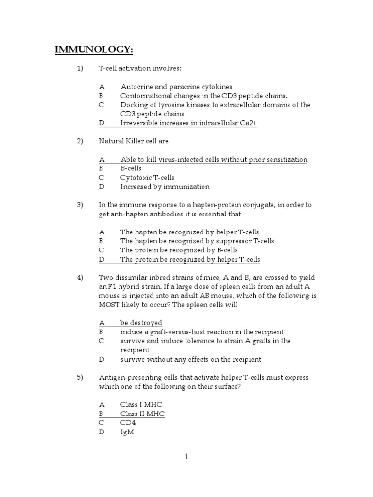 Immunology Practice Questions With Answers | PDF | T Cell | Virus