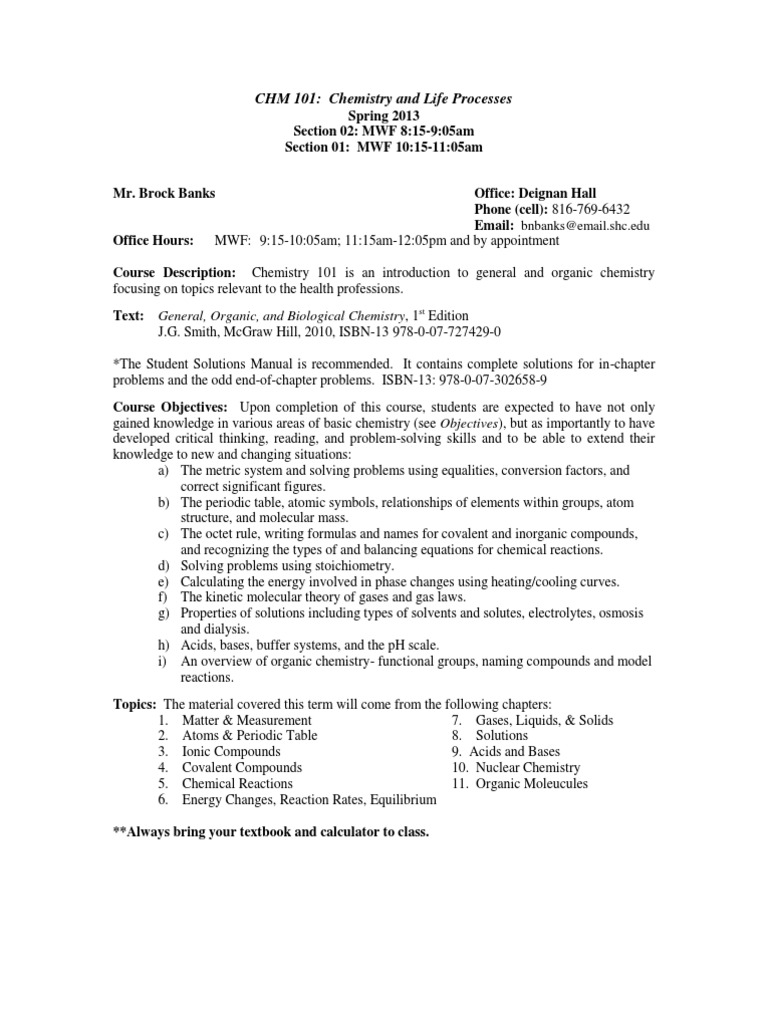 CHM 101 Syllabus | PDF | Solution | Chemical Compounds