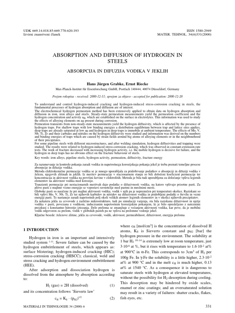 Hydrogen Diffusion in Steels and Sieverts Law | PDF | Corrosion | Hydrogen