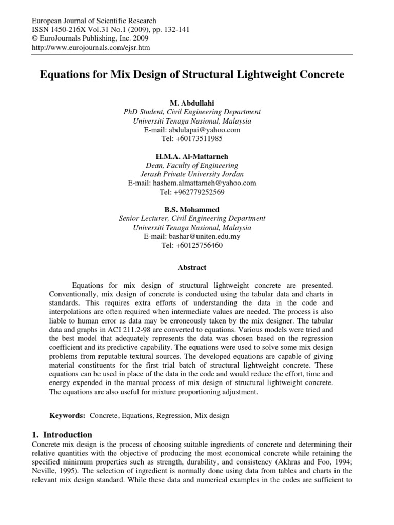 Equations For Mix Design of Structural Lightweight Concrete | PDF ...