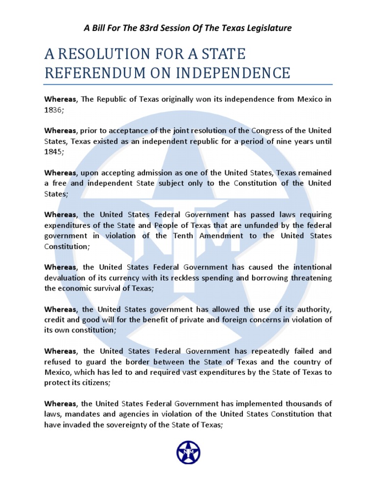 A Resolution For A State Referendum On Independence: A Bill For The ...