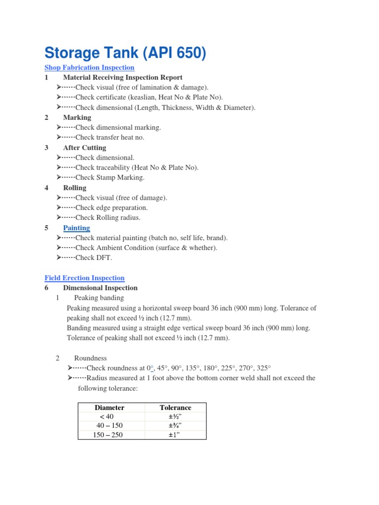 API 650 Storage Tank Inspection Guide | PDF | Welding | Construction