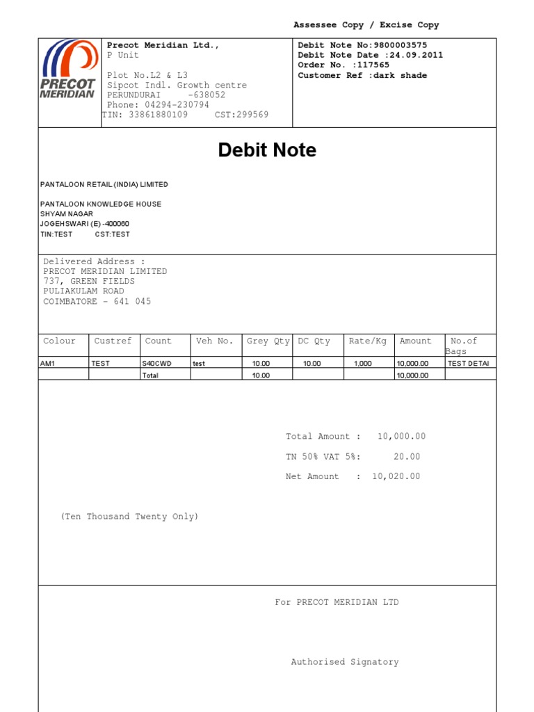 Debit Note for Precot Meridian Ltd. | PDF | Technology & Engineering