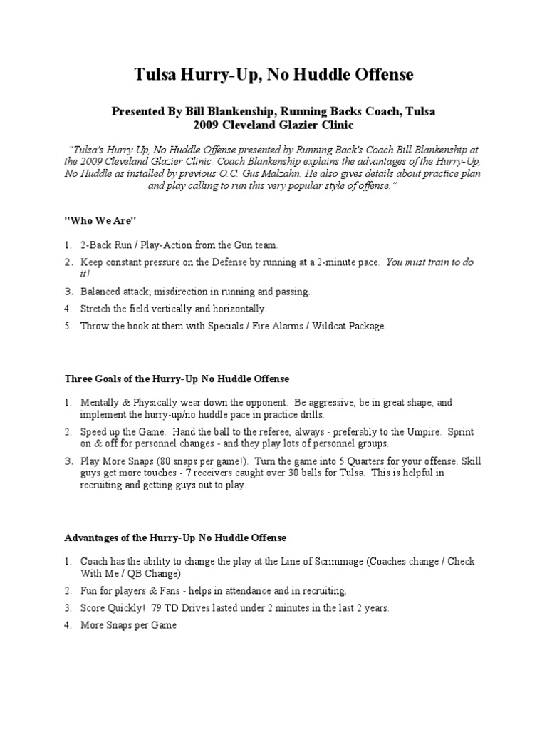 Tulsa Hurry Up No Huddle Offense Bill Blankenship | PDF | Quarterback ...