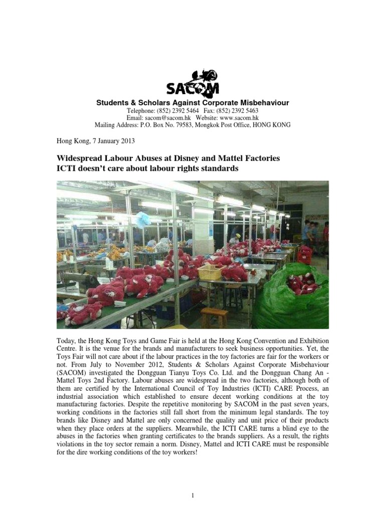 Disney, Mattel Factory Labor Abuses | PDF | Labor Rights | Overtime