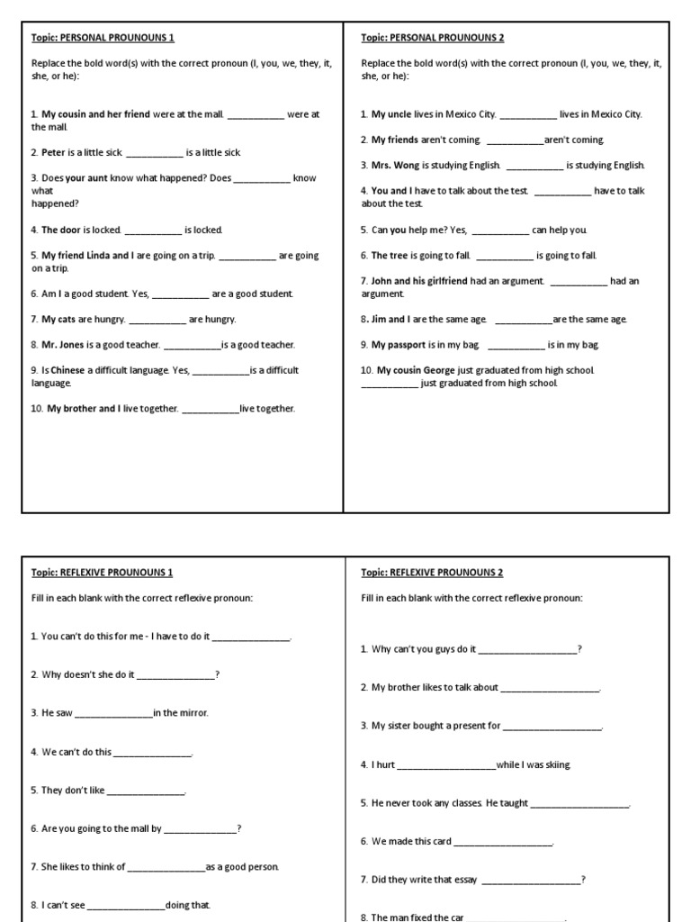 Pronoun and Reflexive Pronoun Exercises | PDF | Languages