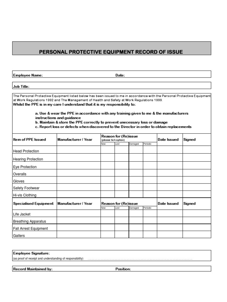 PPE Issue Form | PDF | Personal Protective Equipment | Labor Relations