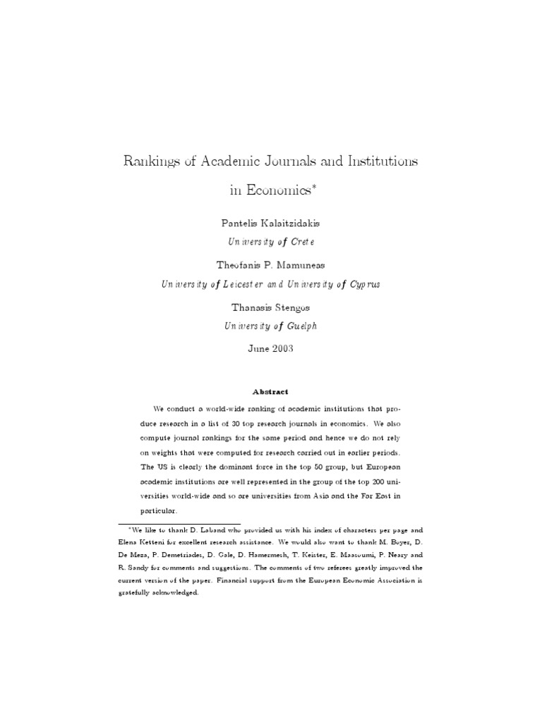 Rankings of Academic Journals and Institutions in Economics | PDF ...