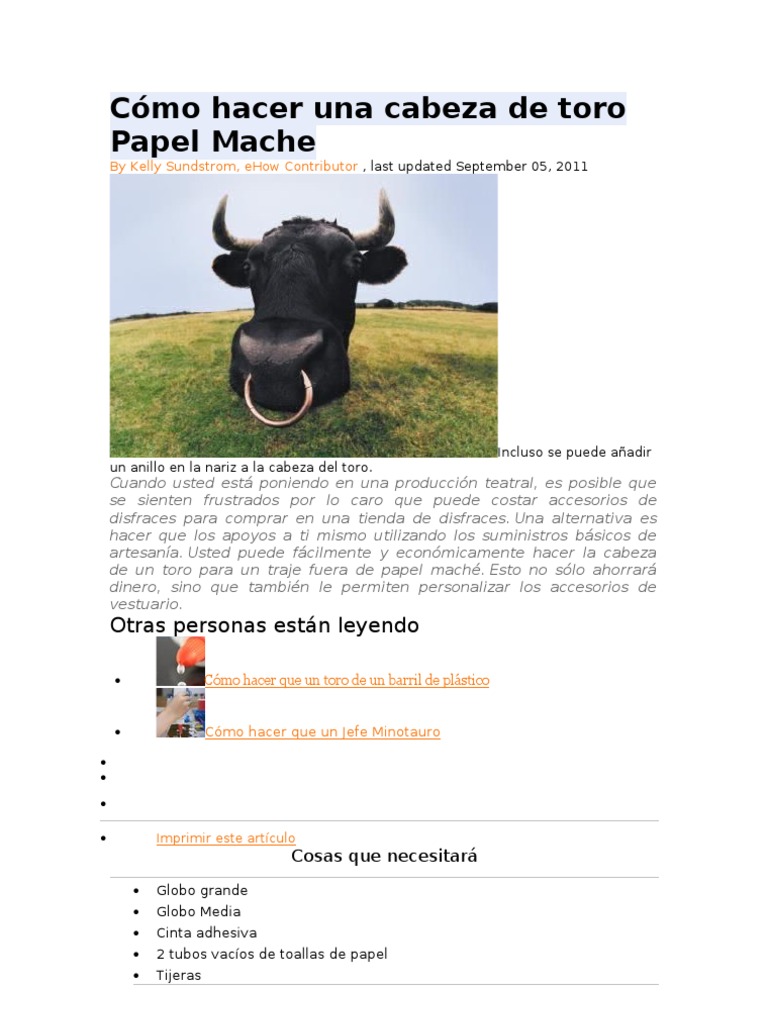 Cómo Hacer Una Cabeza de Toro Papel Mache | PDF | Vacas | Papel