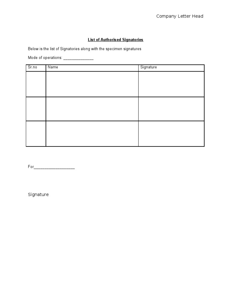 Authorized Signatory List Template | PDF