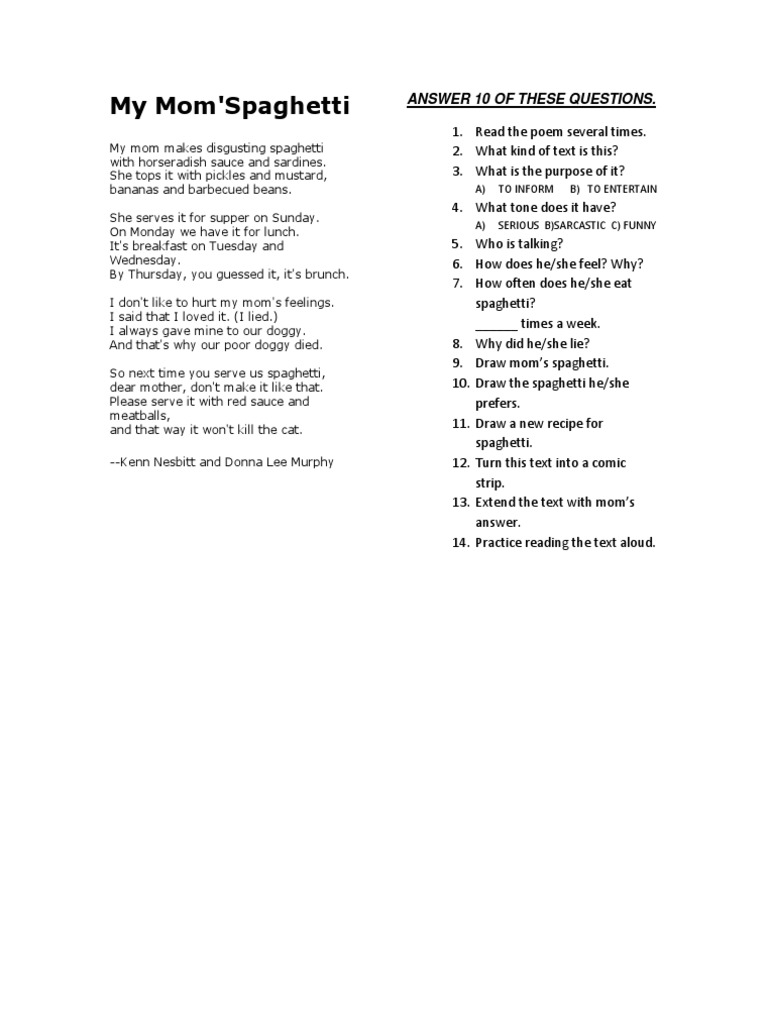 Disgusting Spaghetti Poem Analysis | PDF | Cooking, Food & Wine