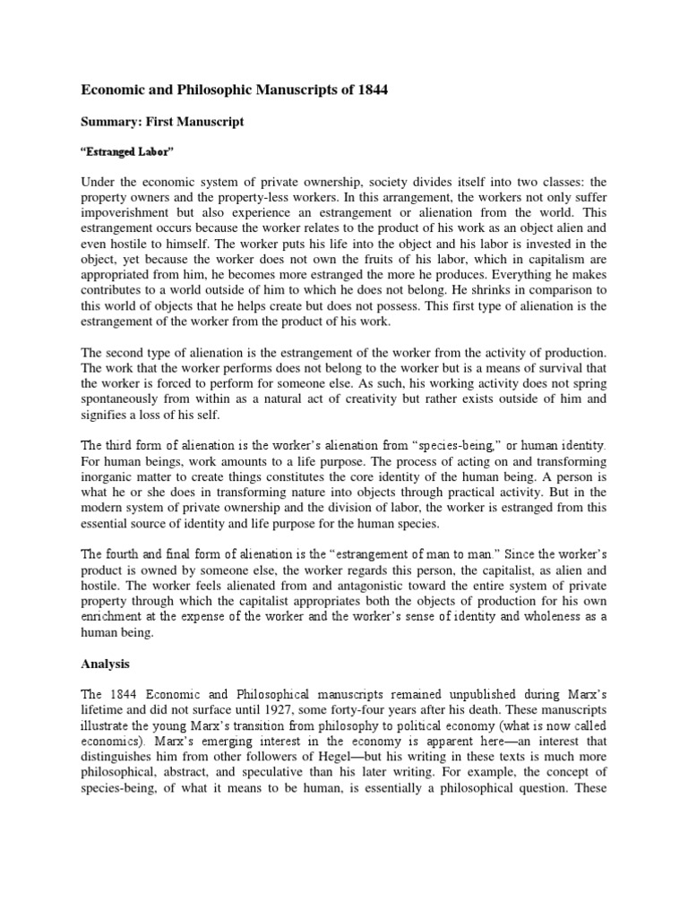 Marx's 1844 Economic Manuscripts Summary | PDF | Social Alienation ...
