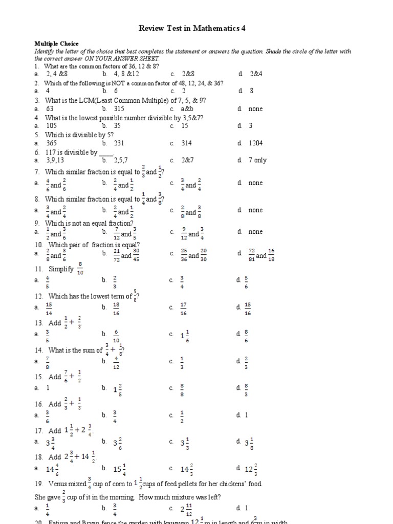Review Test in Grade 4 Math | PDF | Fraction (Mathematics) | Multiple ...