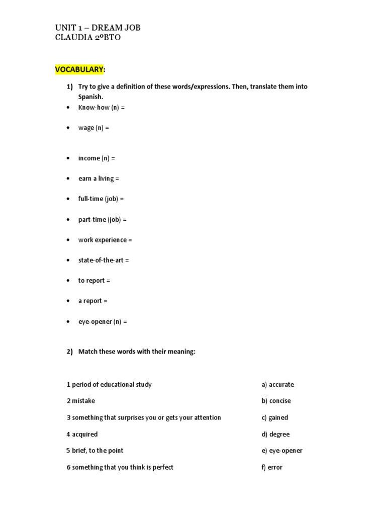 Vocabulary:: Unit 1 - Dream Job Claudia 2ºbto | PDF | Teaching Methods ...
