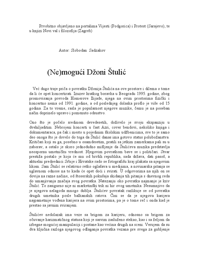 Slobodan Sadzakov: (Ne) Moguci Dzoni Stulic | PDF | Art