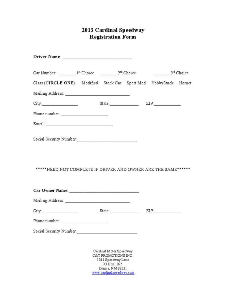 2013 Cardinal Speedway Registration | PDF