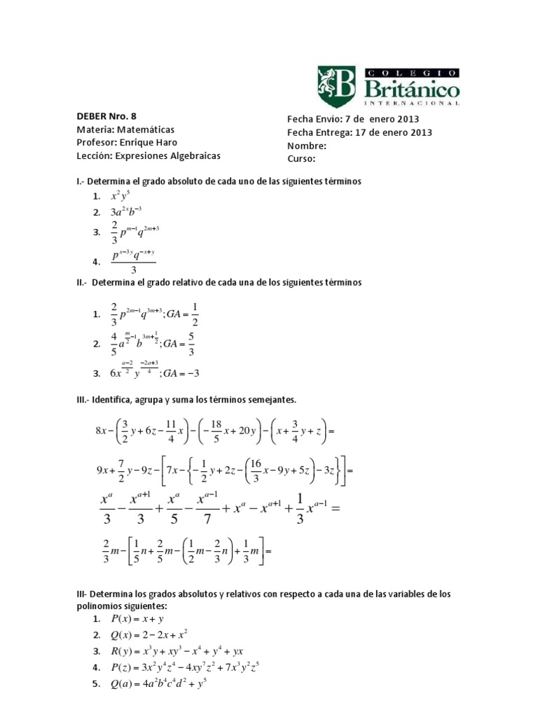 Deber 8 Expresiones Algebraicas | PDF | Análisis numérico | Álgebra