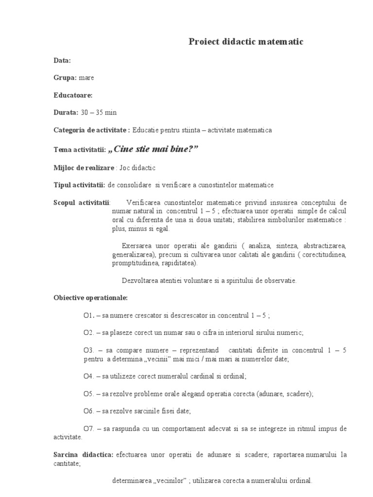 Proiect Didactic Matematic | PDF