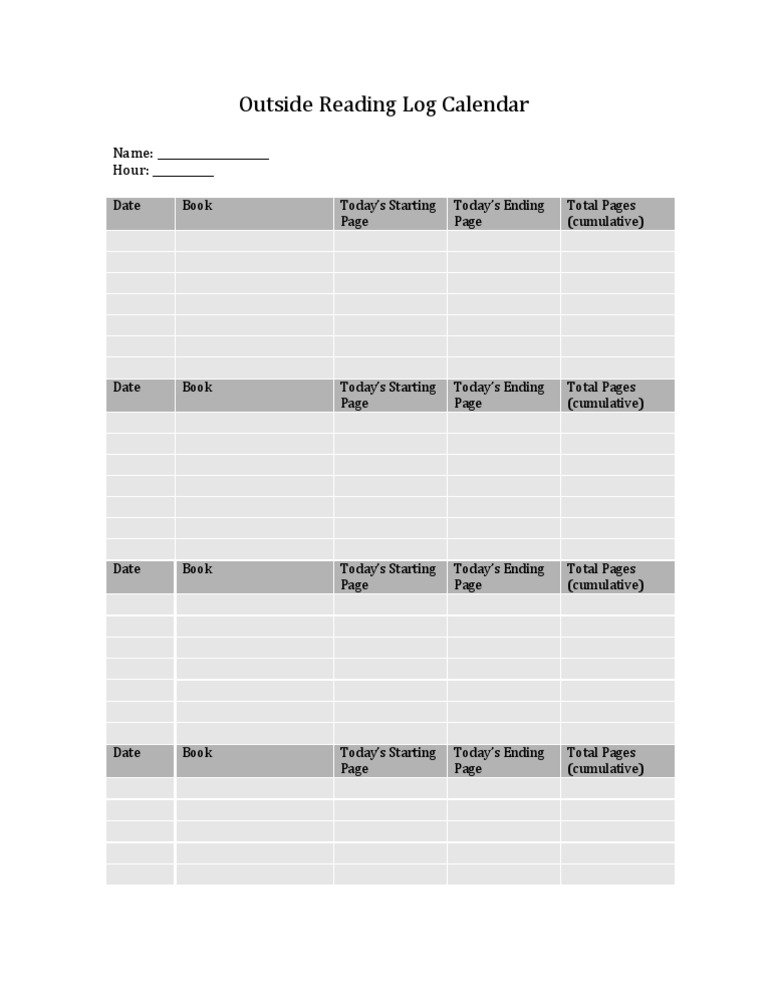Outside Reading Log Calendar Template | PDF | Career & Growth